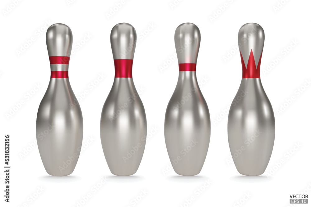 Realistic silver bowling pins with red stripes isolated on white ...