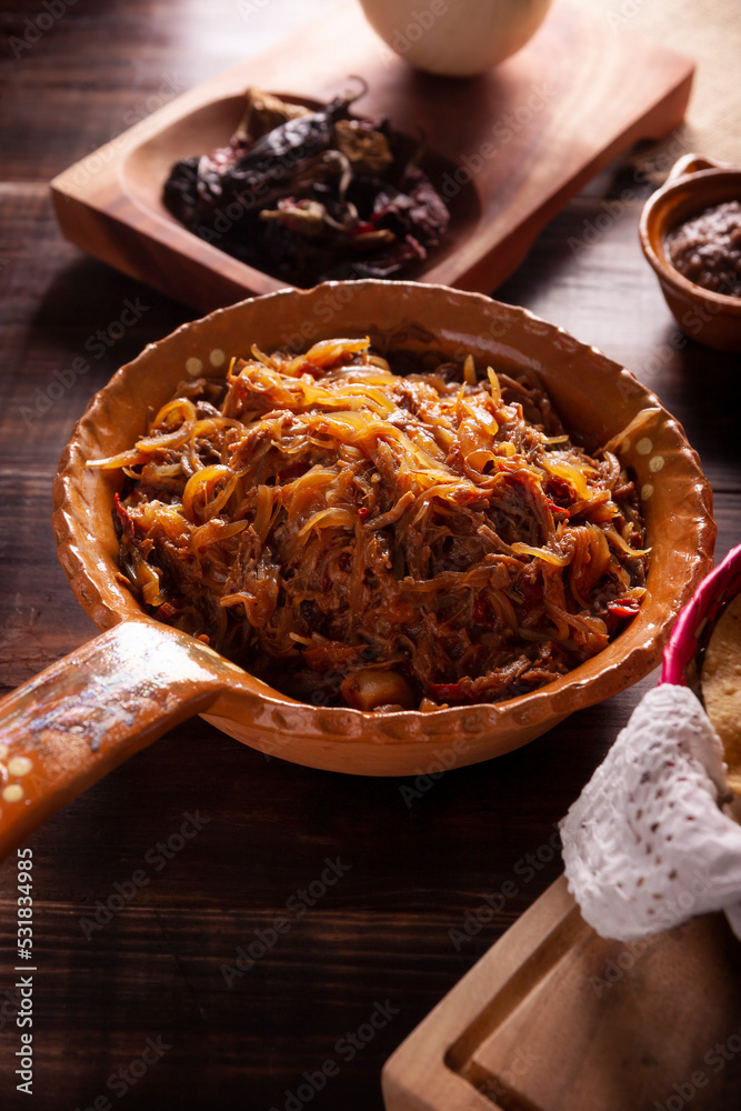 Tinga de Res. Typical Mexican dish prepared mainly with shredded beef ...