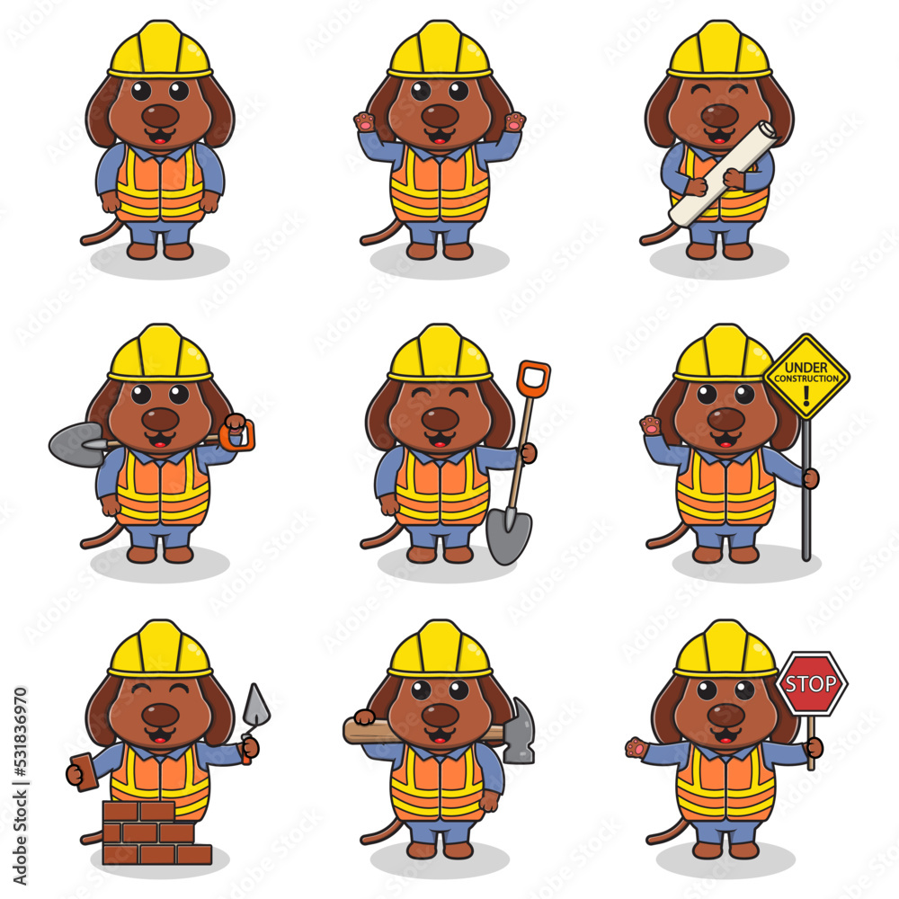 Vector illustration of Dog character at construction site. Construction ...