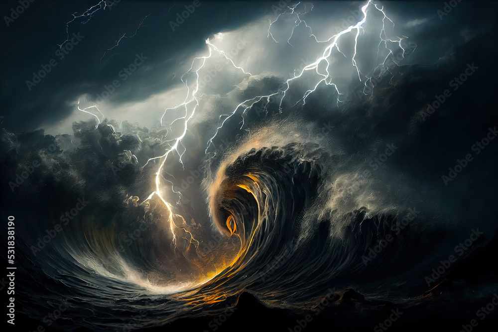 Bright lightning in a raging sea. A strong storm in the ocean. Big ...