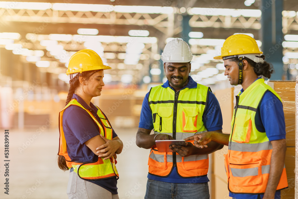 Indian worker teamwork male working with women engineer talking ...