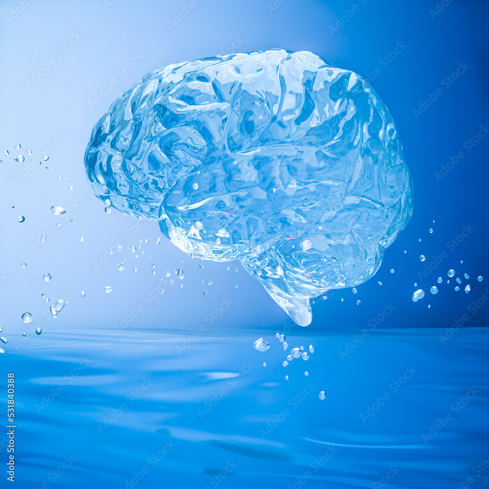 3D Rendering of a Clear Liquid Water forms into a Human Brain Stock ...