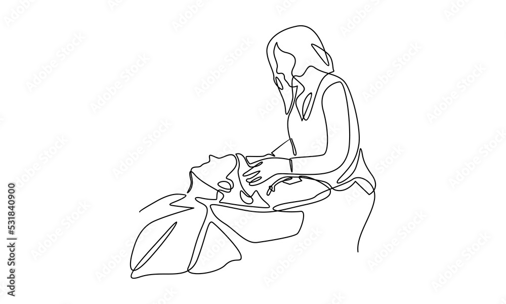 continuous line of young relaxed woman washing hair in hair salon Stock ...