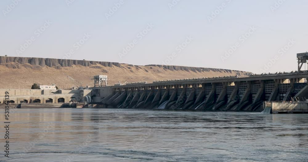McNary Dam on Columbia River spillways. 1.4-mile long concrete river ...