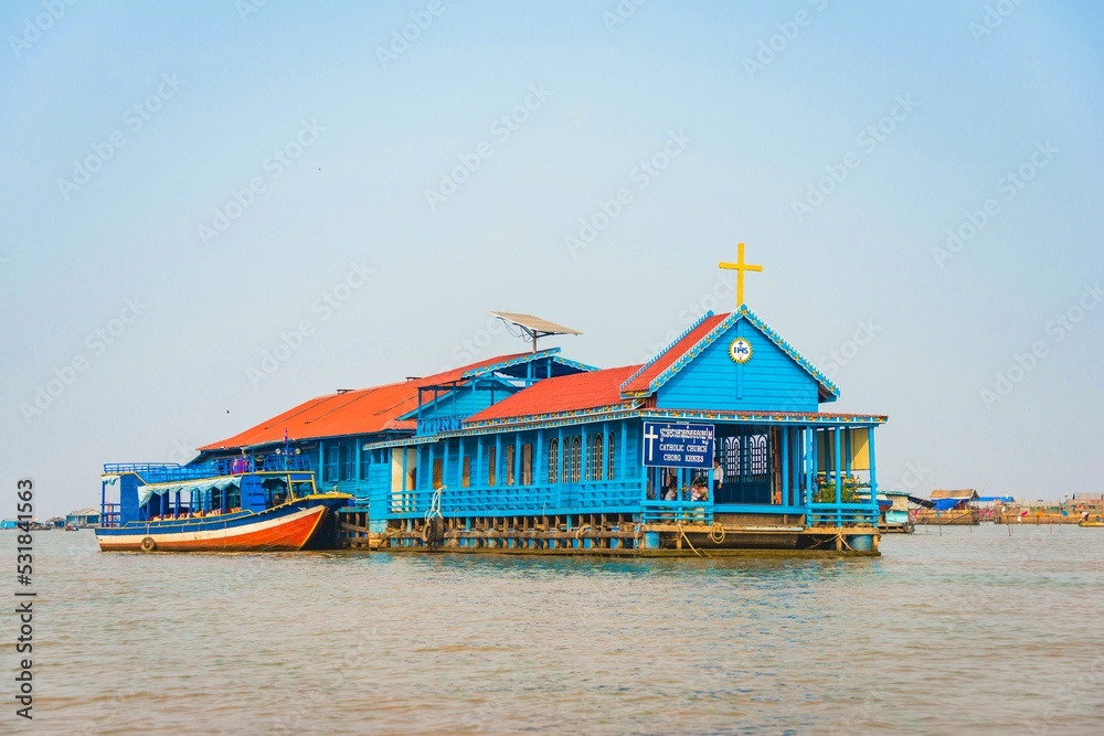 Floating church, houseboat, floating village, boat trip, Tonle Sap Lake ...