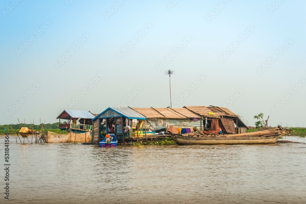 Floating house, houseboat, floating village, boat trip, Tonle Sap Lake ...