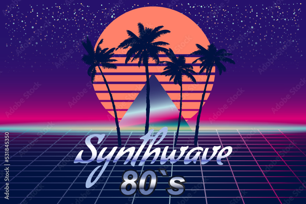 Synthwave 80 s retro banner vaporwave aesthetic background. Palms ...