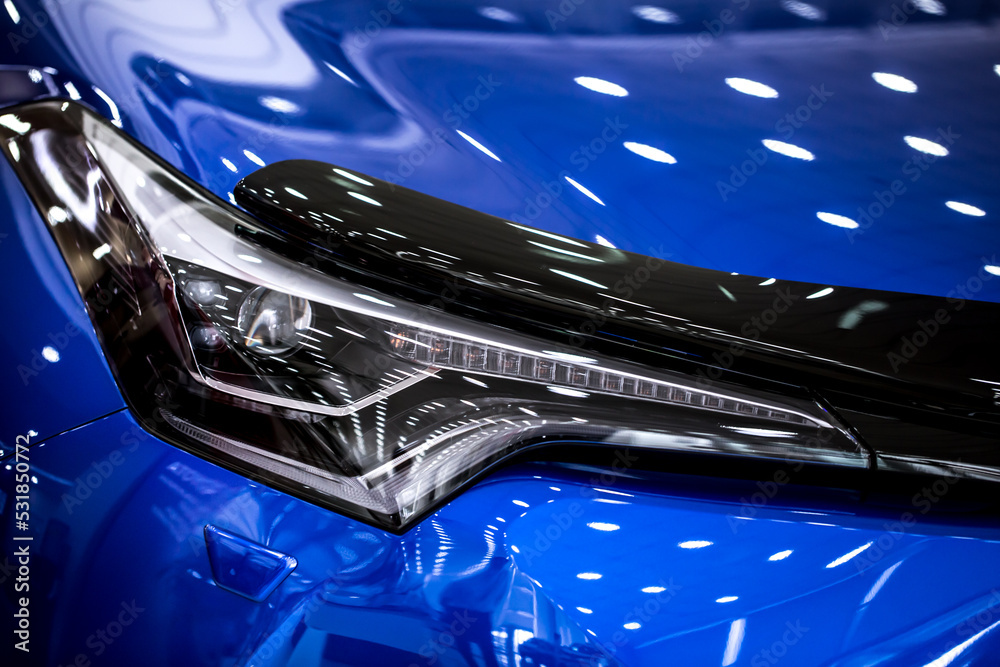 Toyota. Headlight of modern prestigious car close up. Brilliant glass ...