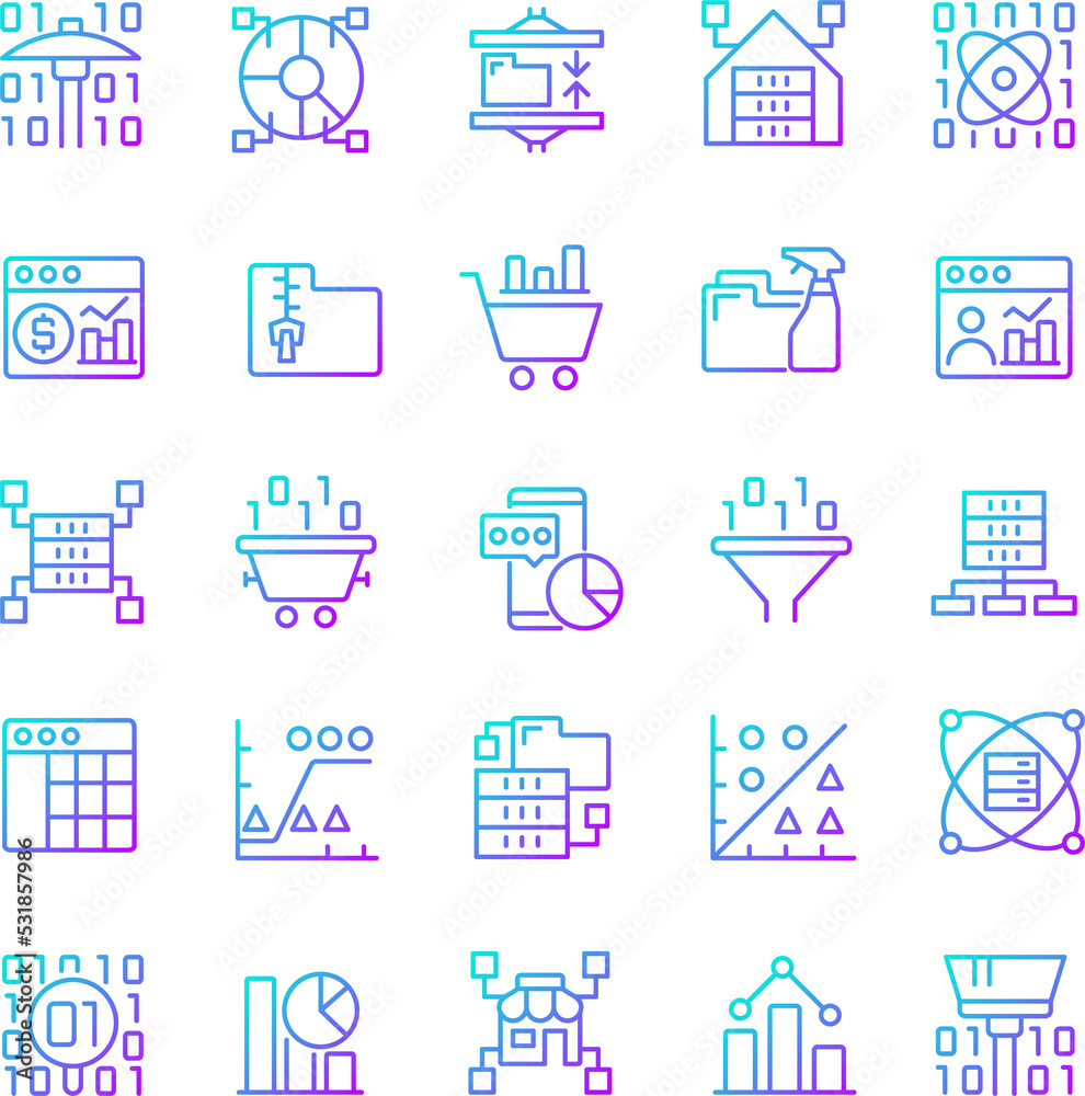 Data mining gradient linear vector icons set. Knowledge discovering in data. Analyze and storage ...
