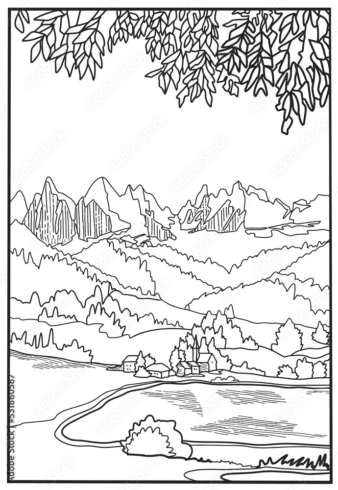 Coloring book . Lovely landscape,mountains and village in the valley ...
