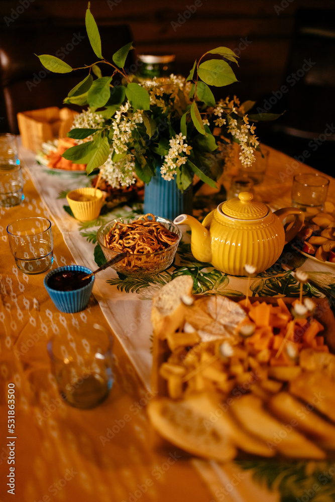 Traditional food after sauna and spa procedures. Evening tea ceremony ...