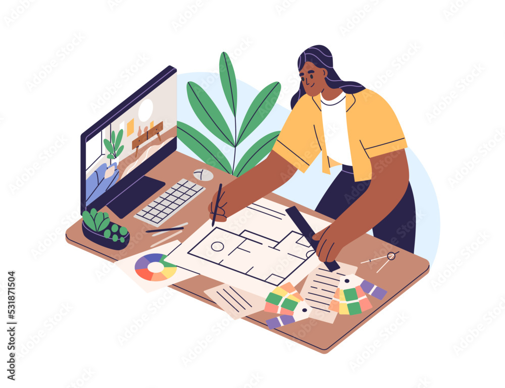 Interior designer at work, drawing floor plan, creating home layout ...