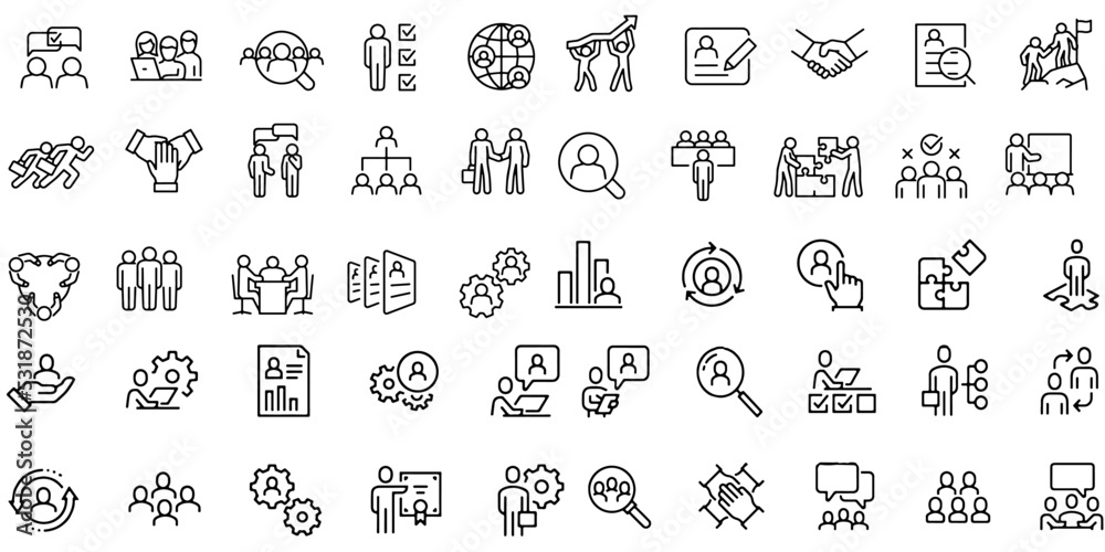 Human resource, icon set. Job hunting and employee search. Interview ...