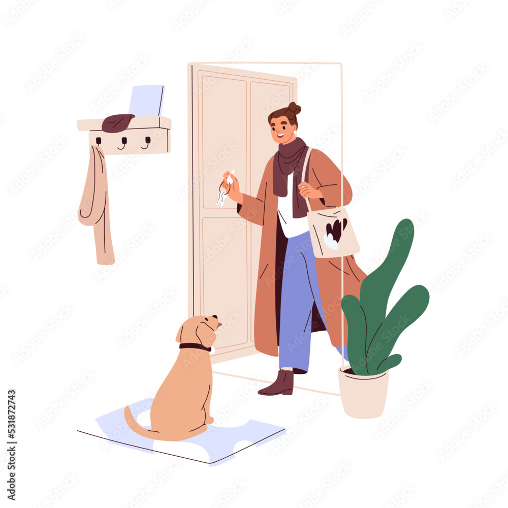 Pet owner coming home, opening door. Dog meeting returning woman at ...