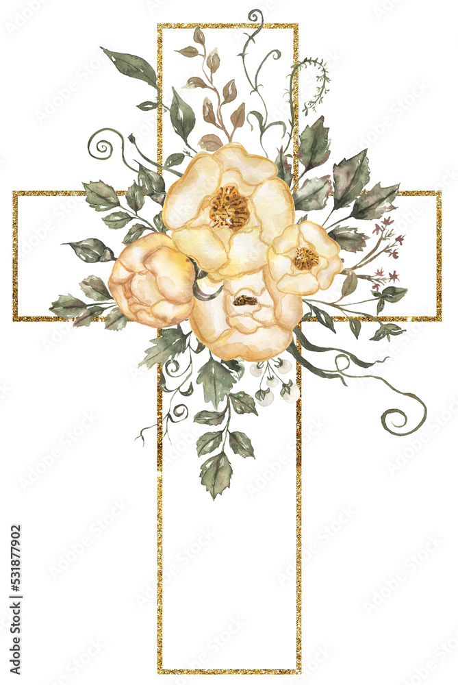 Watercolor hand painted Floral Cross Clipart, Easter Religious yellow ...