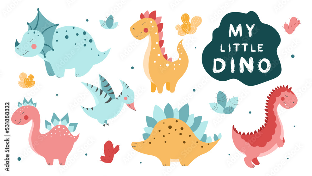 My little dino hand drawn vector calligraphy with dinosaurs set. Cute ...