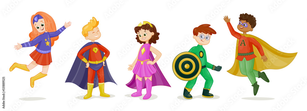 Set of kids in superhero costumes. Cute preschool boys and girls ...