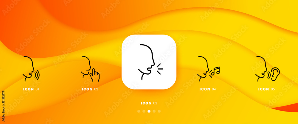 Speaking set icon. Head, talk, be quiet gesture, music note, sing a ...