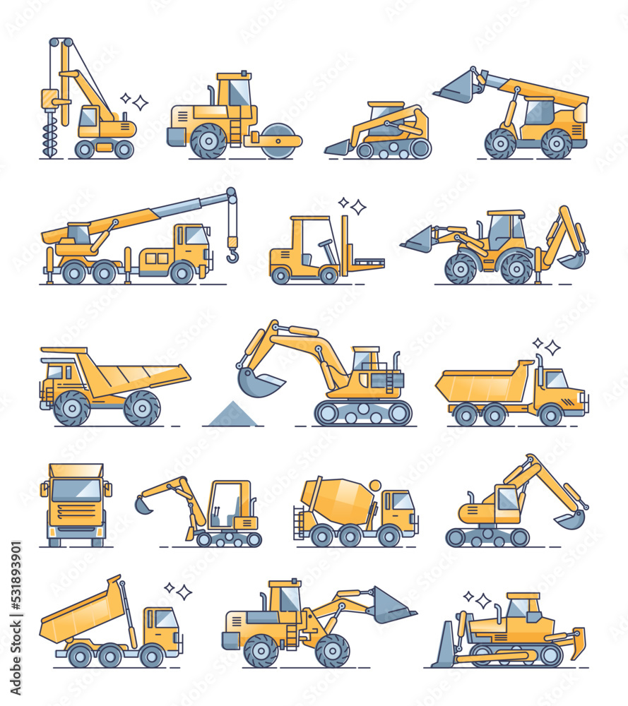 Vetor de Construction machines and heavy machinery outline collection ...