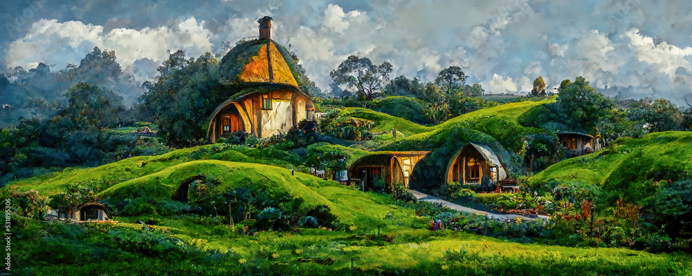 Green hills and hobbit houses in the shire. Inspiration painting ...