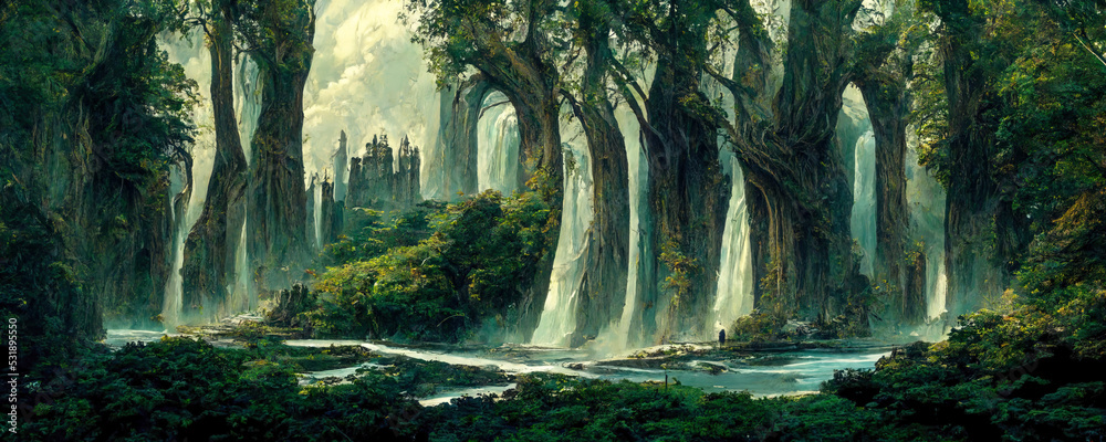 Fantasy forest landscape inspirational concept digital art. Woods where ...