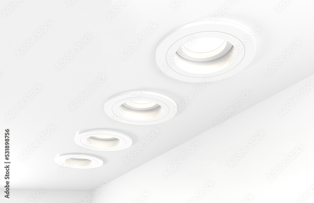 Spotlights recessed ceiling 3D render. Realistic interior room with ...