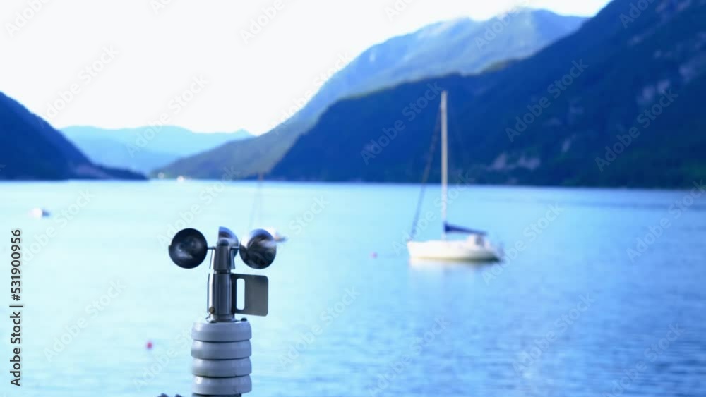 modern device anemometer over alpine lake controls parameters ...