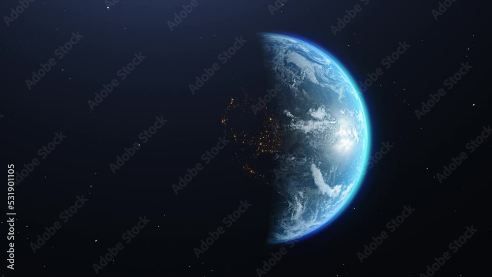Cinematic move of Earth in Space with day and night areas on stars ...