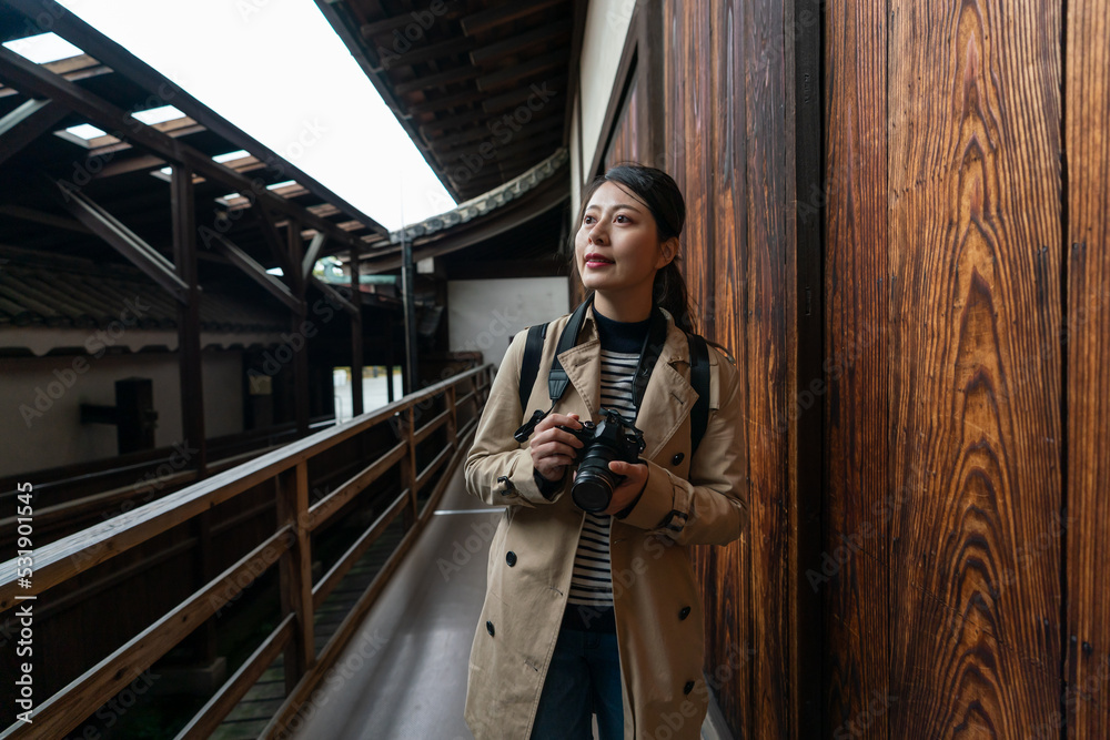 asian Japanese girl photographer appreciating wood structure of the ...