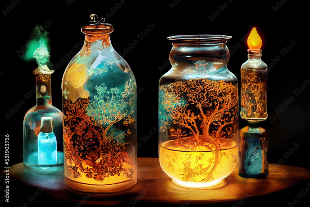 Digital concept art featuring a collection of potions and ingredients ...