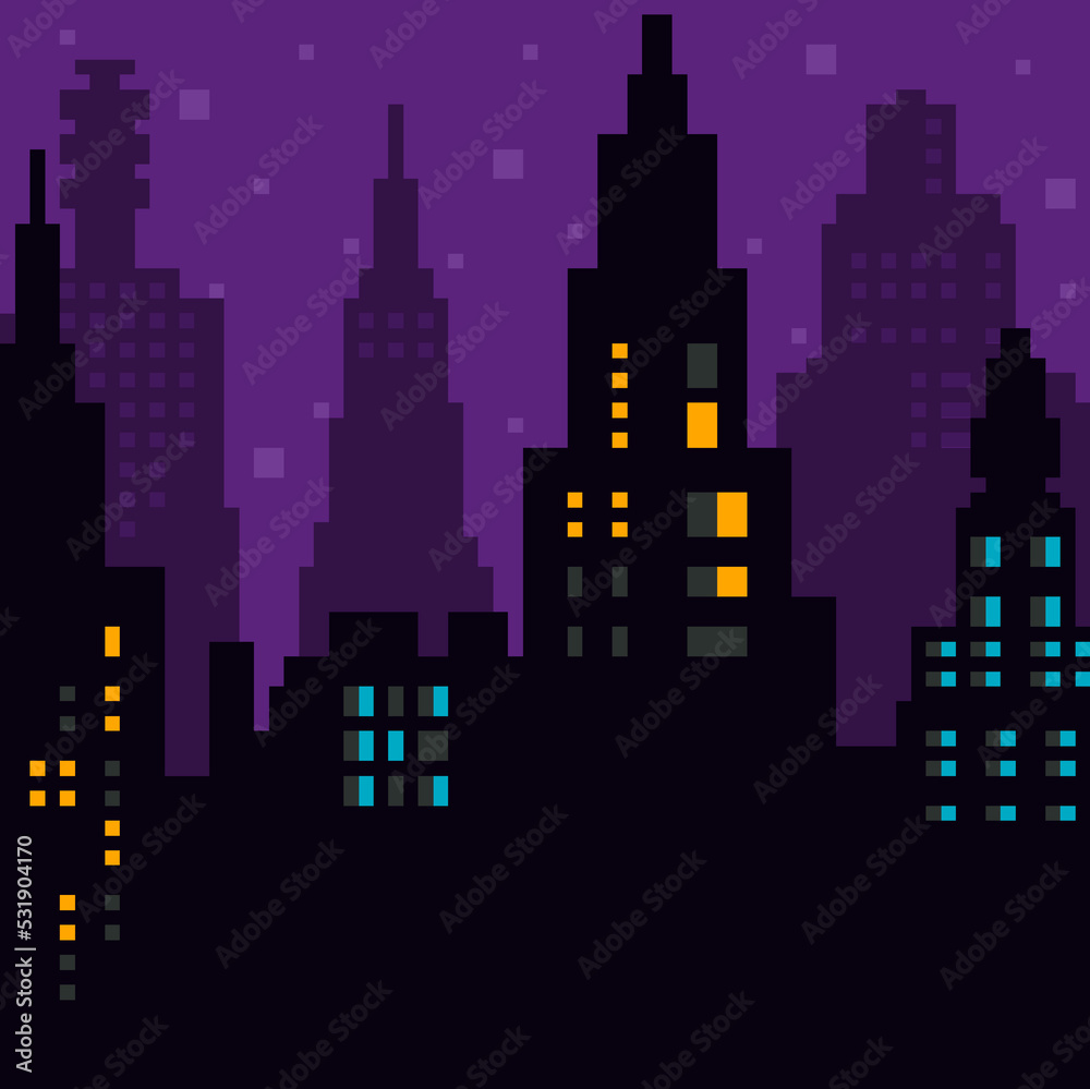 Pixel art night city with landscape, sky, clouds, city silhouette ...