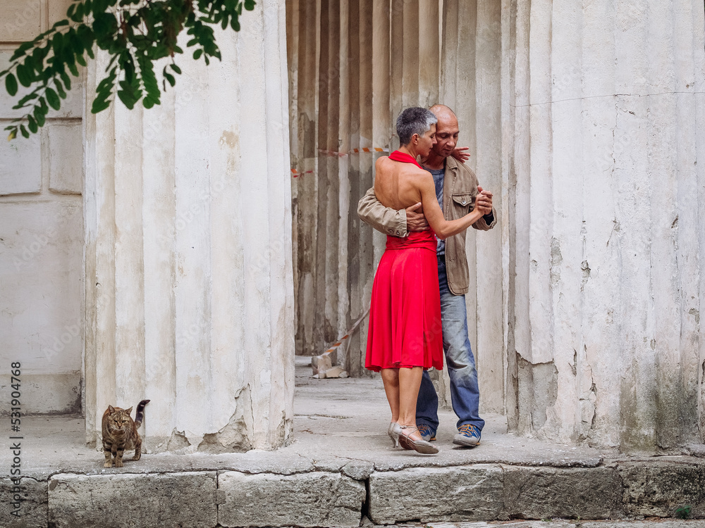 Tango nuevo dance - the famous partner dance with a woman in a red ...