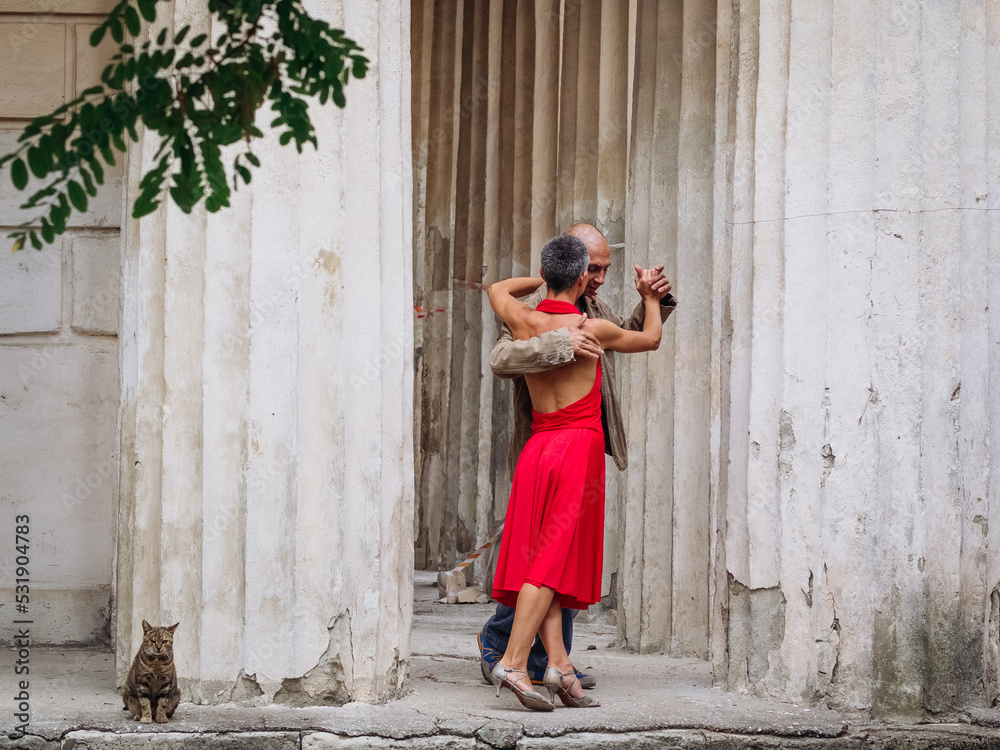Tango nuevo dance - the famous partner dance with a woman in a red ...