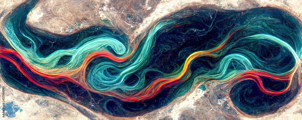 Pattern of colourful water streams seen from space. Digital artwork ...