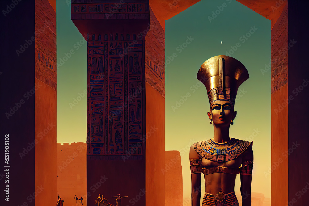 Queen Nefertiti standing in between Egyptian architecture columns ...