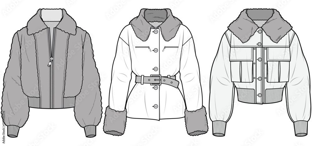 Women Winter Jackets Sets Fashion Illustration, Vector, CAD, Technical ...