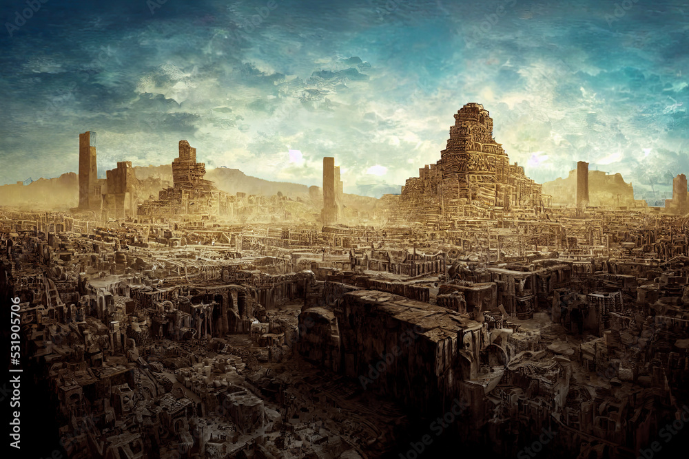 Concept art of an ancient lost civilisation, featuring historic ...
