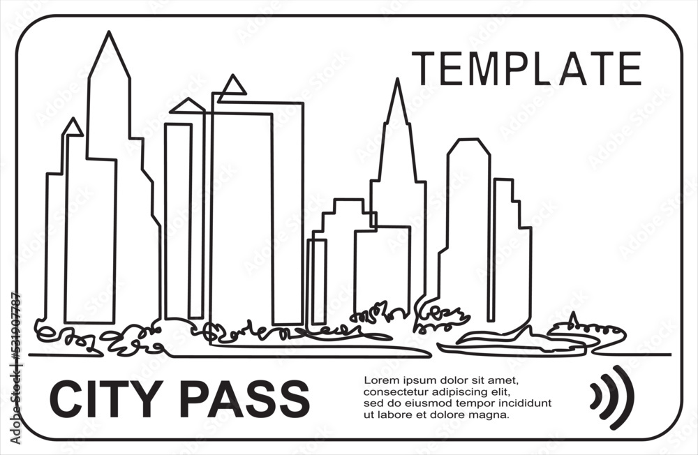 City pass. Continuous one line drawing of Modern cityscape. Bus, train ...