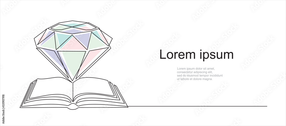 continuous one line drawing of diamond, brilliant and open book ...