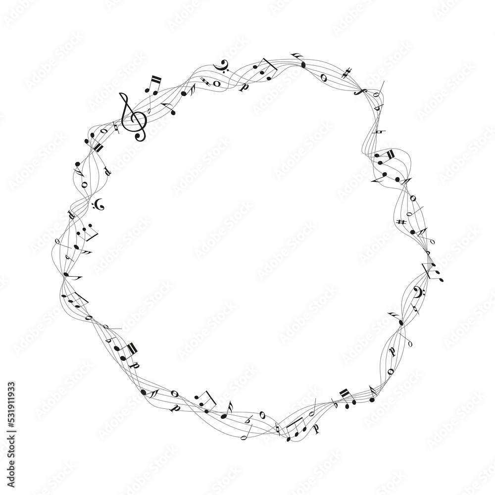 Black music staff and various notes round wave frame on white ...