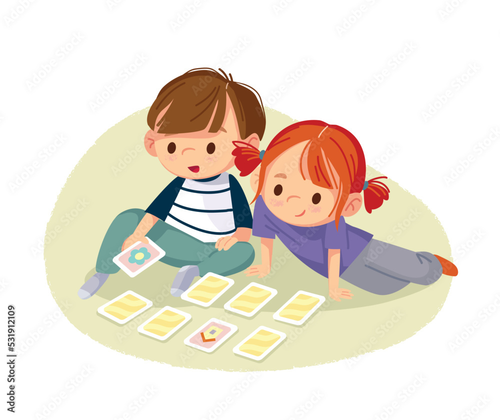 Little boy and girl play a memory board game sitting on floor. Children ...