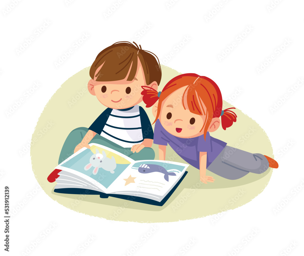 Cute boy and girl sitting on the floor and reading book, magazine with ...