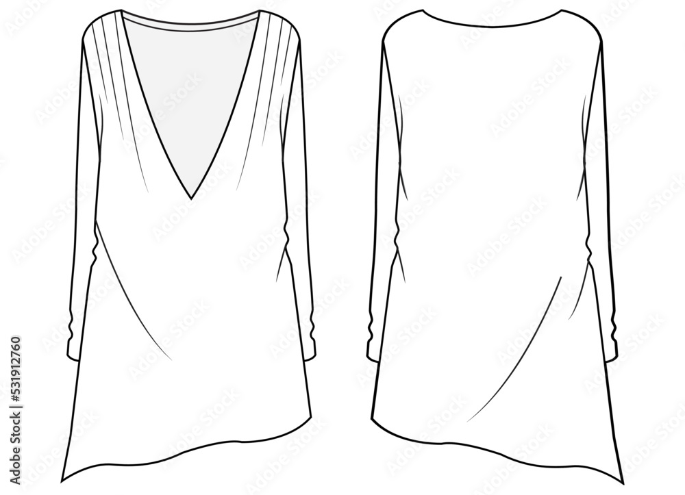 womens long sleeve deep v neck asymmetric dress front and back view ...