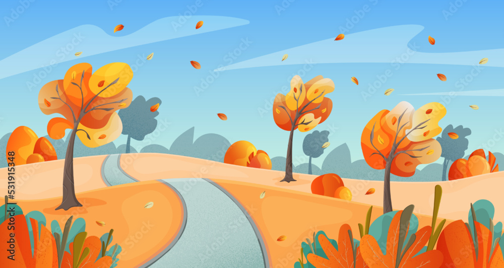 Golden trees with falling leaves in the park at blowing wind. Fall ...