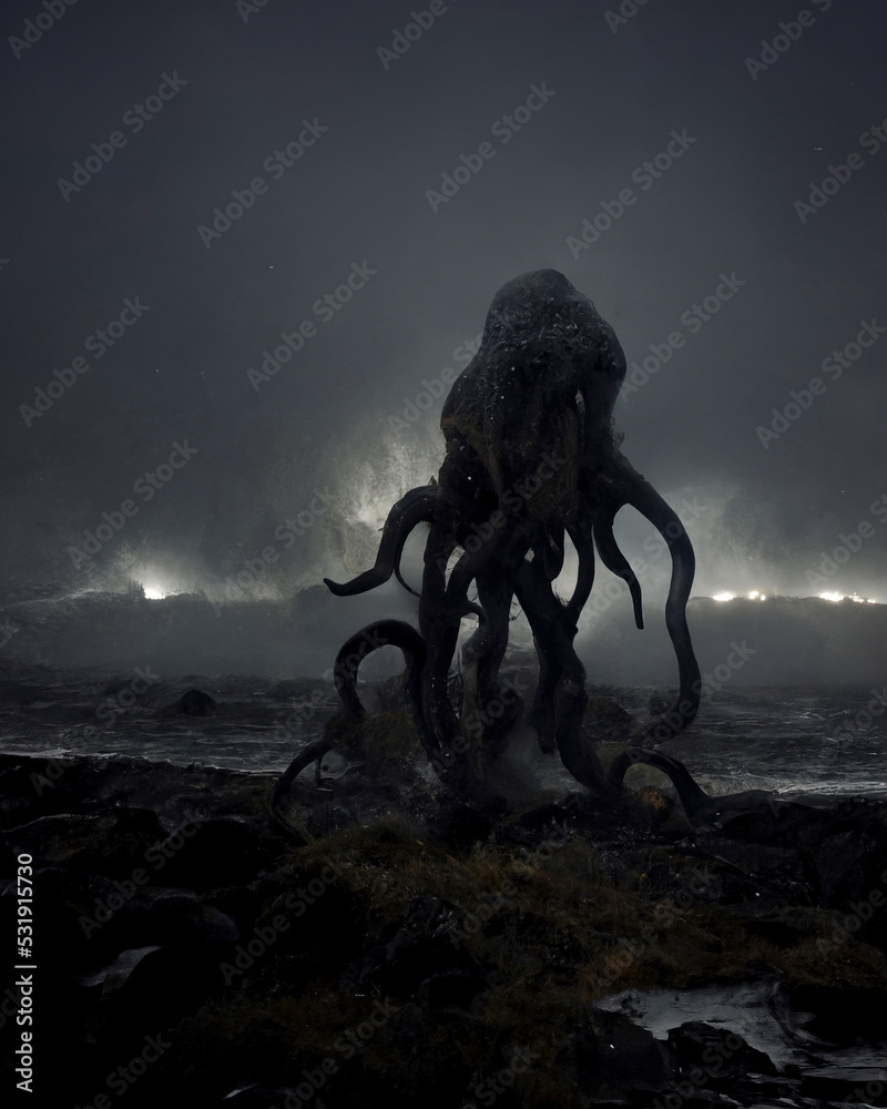 Foto de Evil, sea shore with giant octopus, fantasy image, nightmare ...