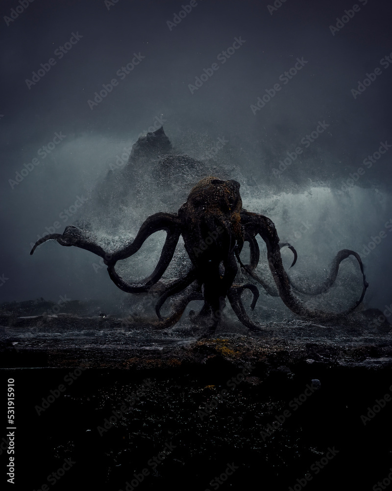 Evil, sea shore with giant octopus, fantasy image, nightmare, sunset ...
