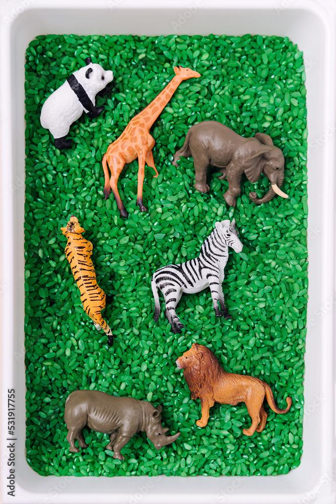 Foto de Toy animals with Green colored rice in the sensory box. Sorting ...
