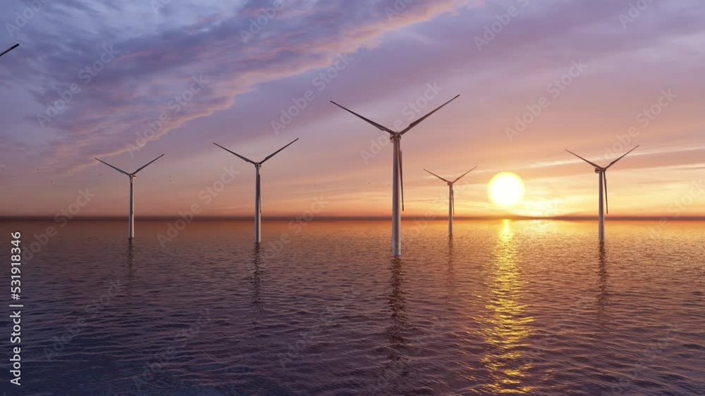 4K ULTRA HD. Offshore wind energy. Offshore wind turbines farm on the ...