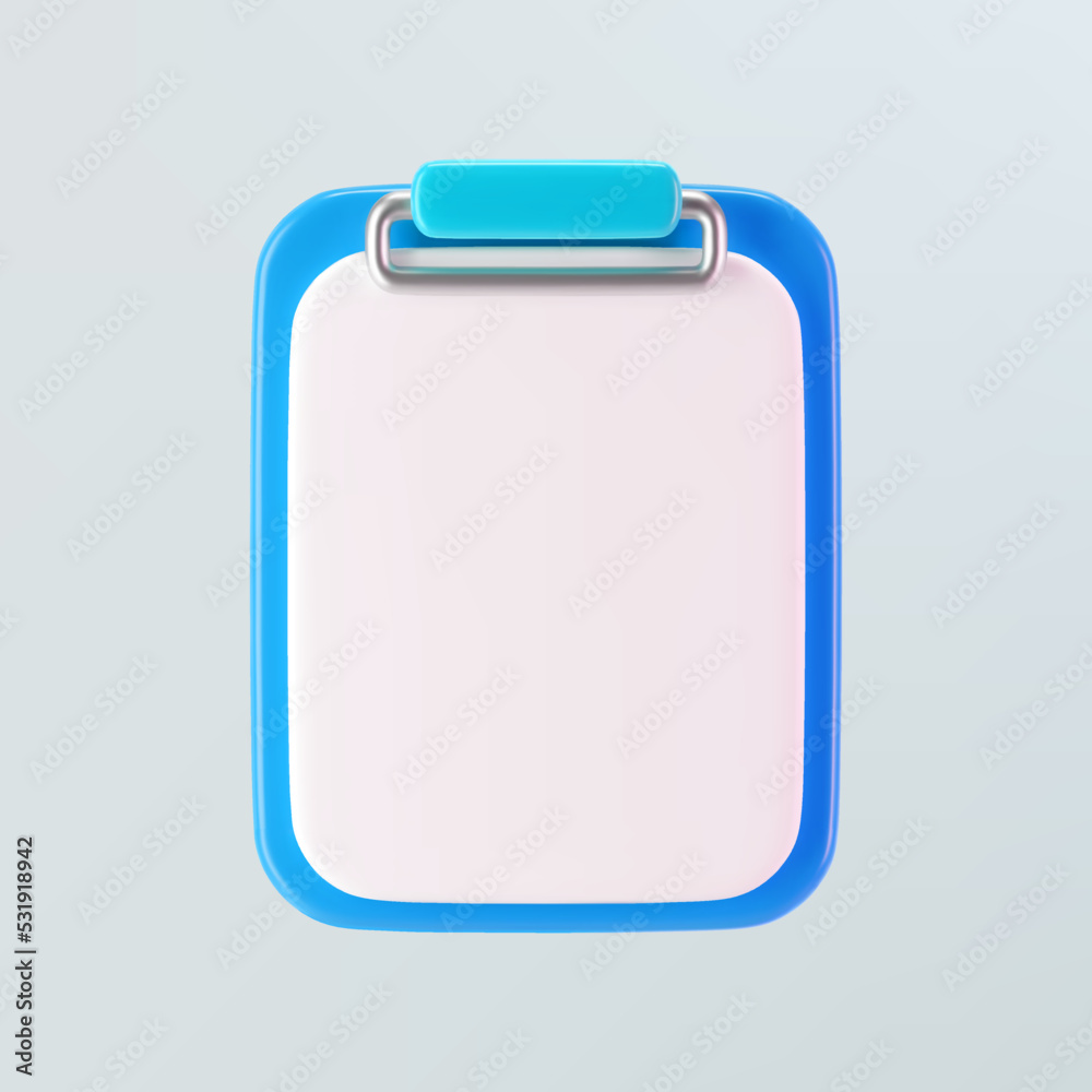 3d blue clipboard icon with blank sheet of paper isolated on gray background. Render of ...