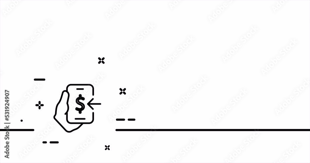 Cash transfer. Phone with banking app, dollar sign, hand, arrow, salary ...